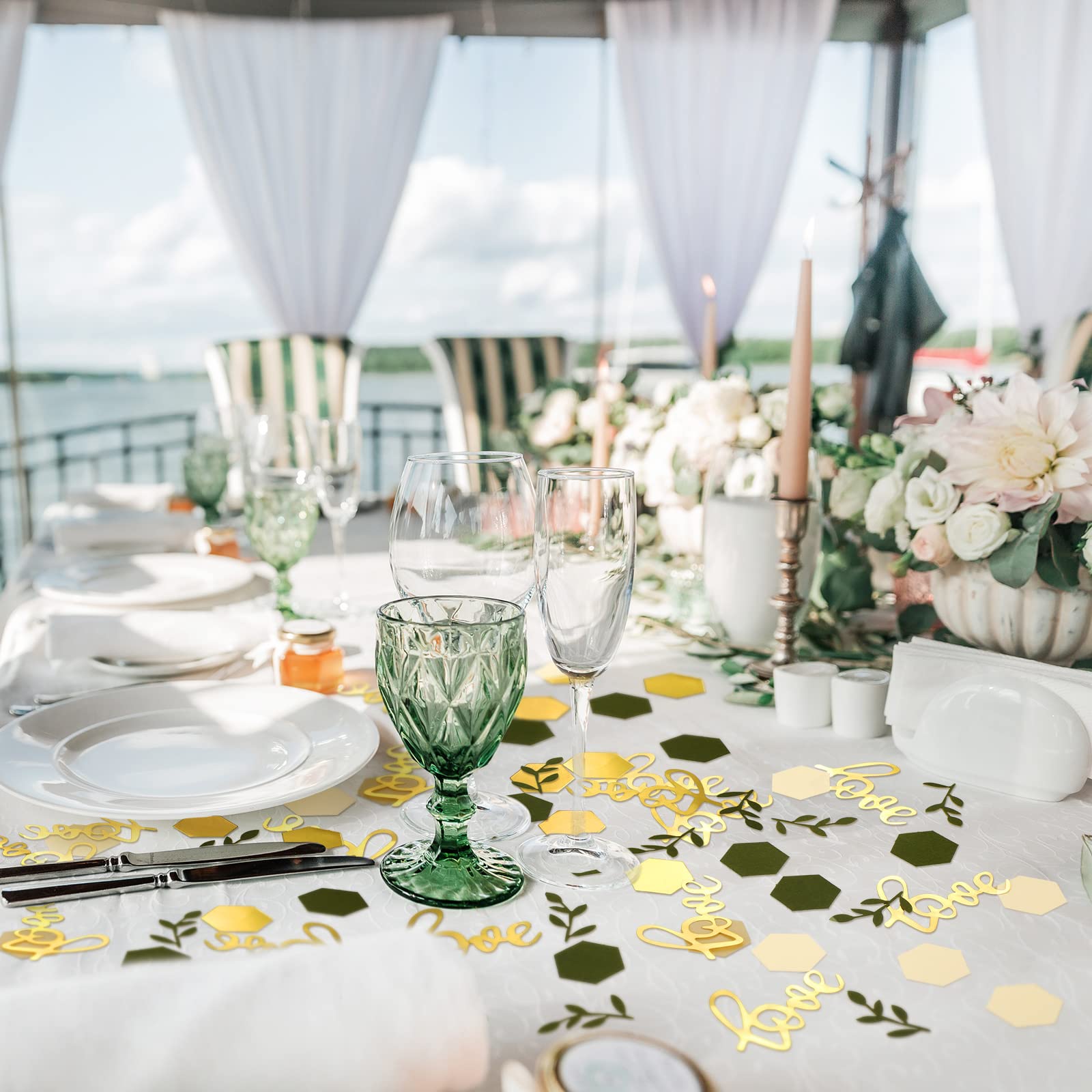 400 Pcs Greenery Wedding Table Confetti Decorations, Sage Olive Green Confetti Table Scatter Dots with Eucalyptus and Gold Love Confetti for Bridal Shower Wedding Decor(Wedding Style)