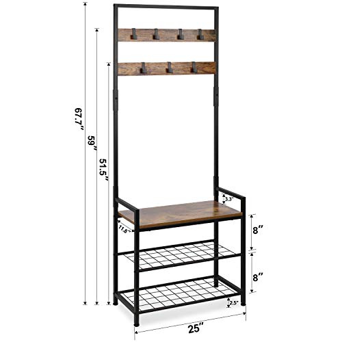 HOMEKOKO Coat Rack Shoe Bench, Hall Tree Entryway Storage Bench, Wood Look Accent Furniture with Metal Frame, 3-in-1 Design (Rustic Brown)