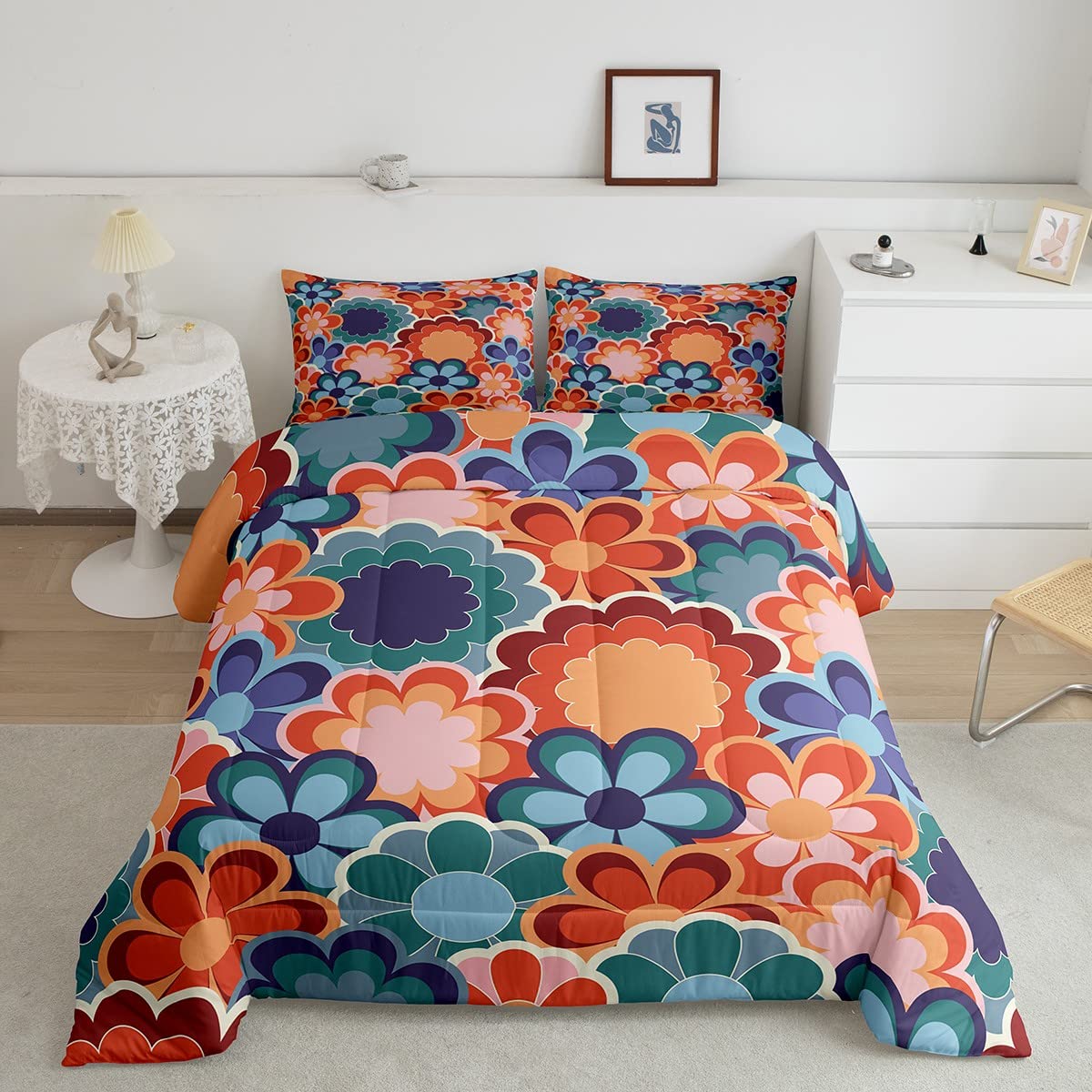 Abstract Retro Floral Comforter Set King Colorful Vintage Flower Power Bedding Set For Girls Teen Women 60S 70S Hippie Down Comforter Geometric Garden Botanical Psychedelic Quilt Duvet 2 Pillow Cases