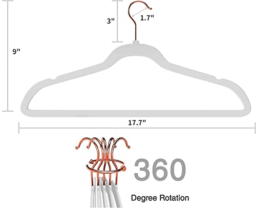 Smartor White Velvet Hangers 50 Pack Felt Hangers Non Slip Rose Gold Hook Flocked Hangers Heavy Duty Adult Hanger for Coat, Suit