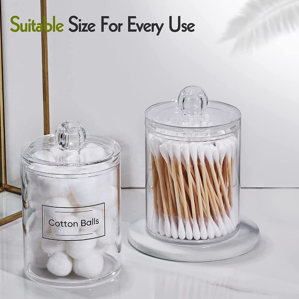 4 Pack Holder Dispenser for Cotton Ball, Cotton Swab, Cotton Round Pads, Floss - 10 oz Clear Plastic Apothecary Jar Set Storage Organization, Vanity Makeup Organizer