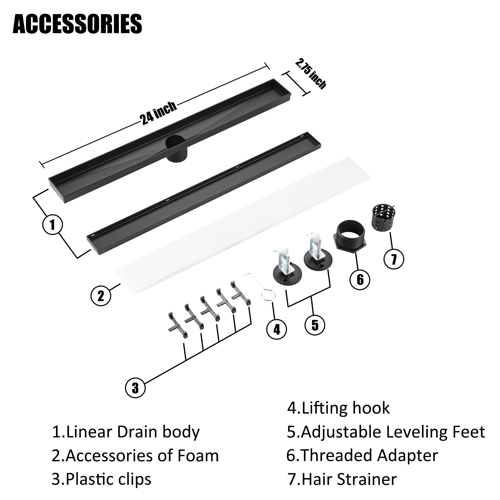 24 inch Linear Shower Drain with Removable Square Hole Panel by Using 304 Stainless Steel Process, Linear Drain Equipped with Adjustable Feet and Hair Strainer(Matte Black Color)