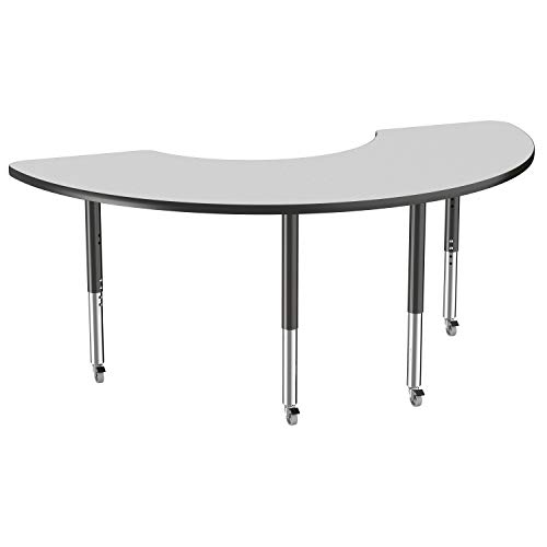 Factory Direct Partners 10076-GYBK Mobile Half Moon Activity School and Office Table (36" x 72"), Super Legs with Glides and Casters, Adjustable Height19-30" - Gray Top and Black Edge