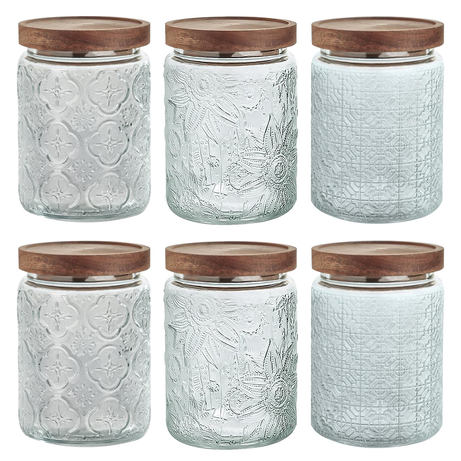 24 OZ/6 PCS Glass Storage Jar with Airtight Bamboo Wooden Lids, Vintage Food Containers Canisters Sets for Kitchen Counter Pantry, Sugar, Flour, Candy, Tea, Coffee Beans, Oats, Grain Bin, Pasta,