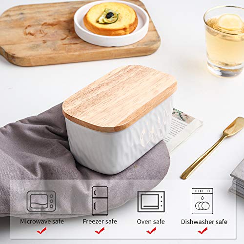 KOOV Porcelain Large Butter Dish with Lid for Countertop, Airtight Butter Container with Oak Lid, Butter Crock, Perfect for 2 Sticks of Butter, Texture Series (White)