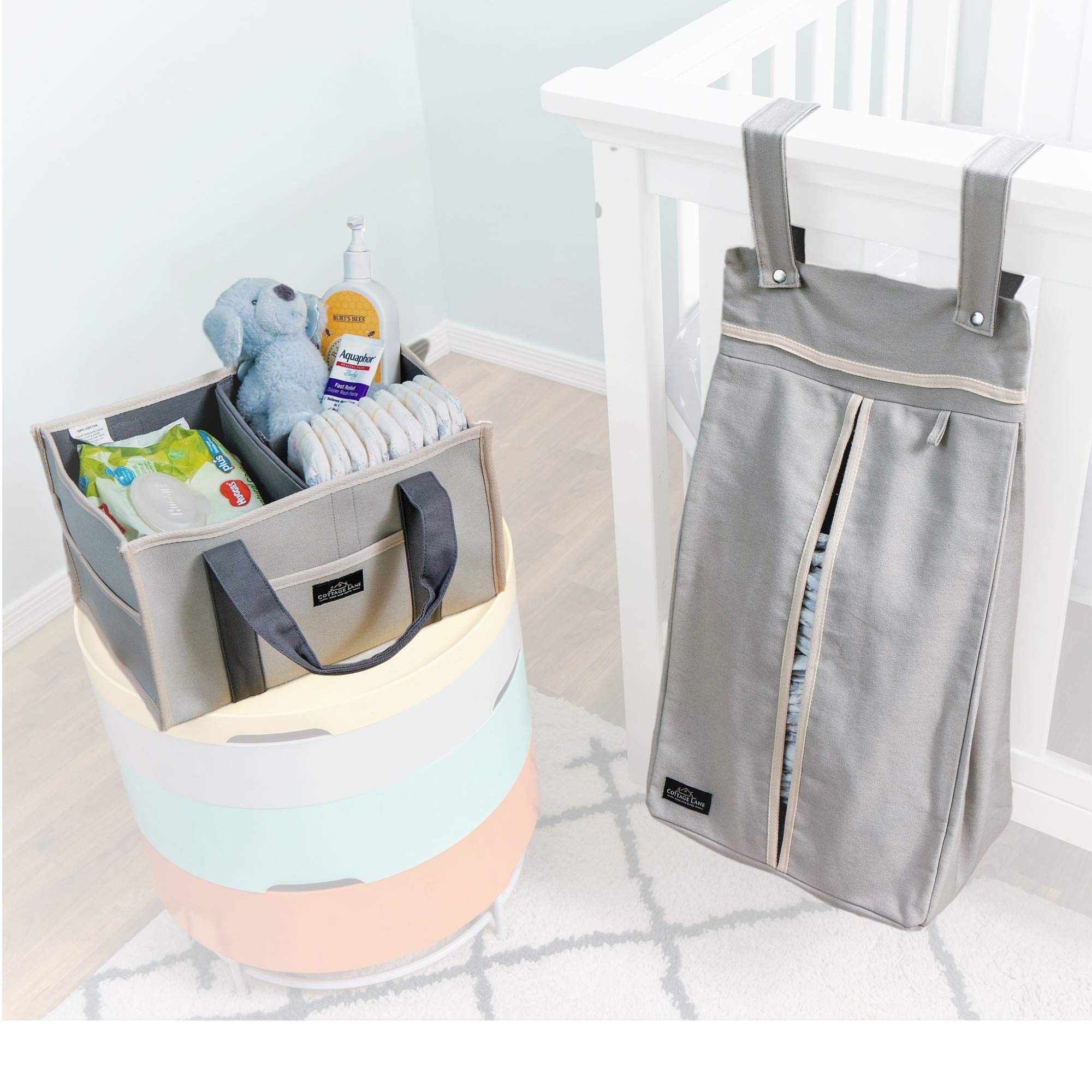 Cottage Lane Hanging Diaper Stacker Plus Caddy, 2 Piece Set, Gray Gender Neutral Cotton Canvas, Stylish Nursery Diaper Organization, Shower Gift