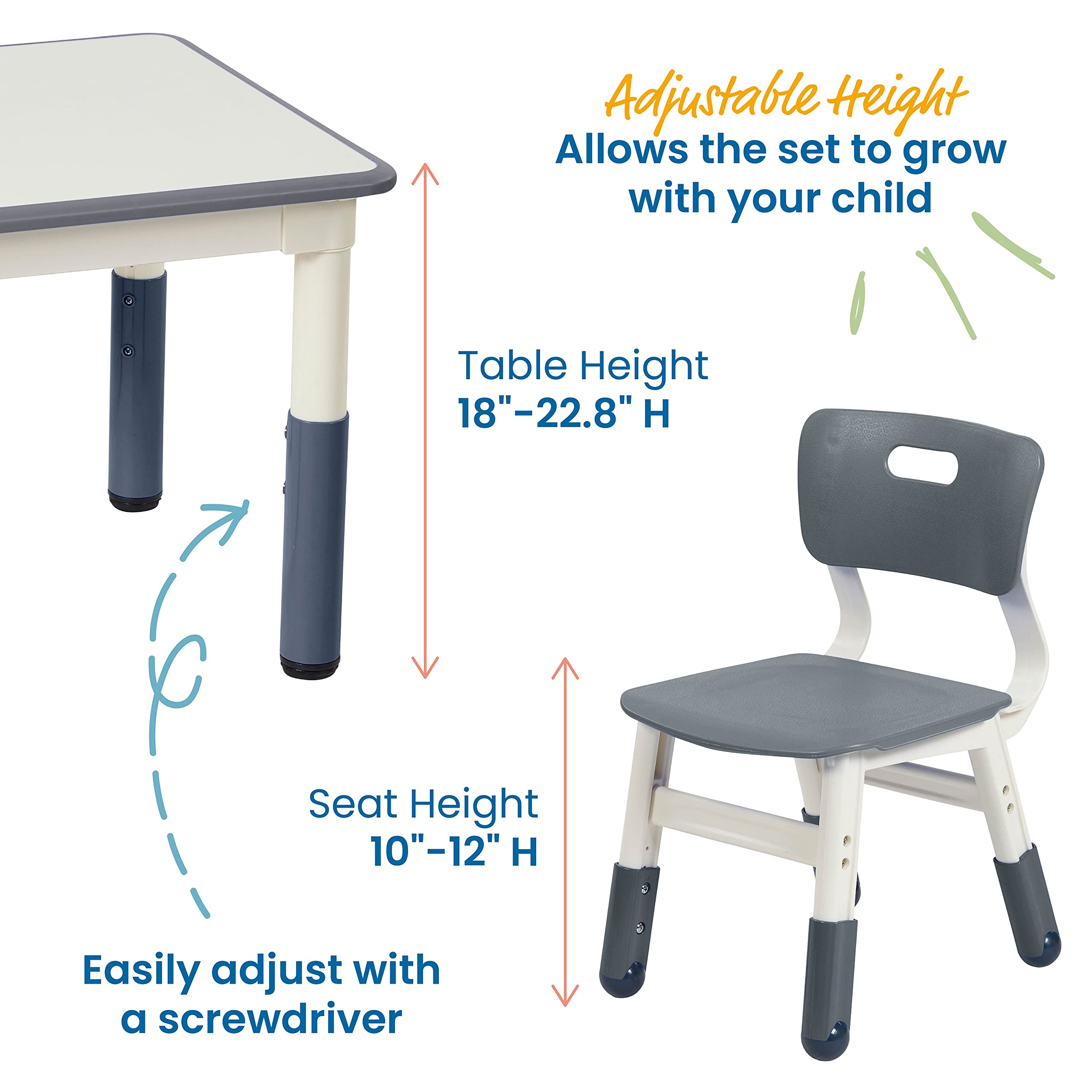 ECR4Kids Rectangle Dry-Erase Activity 2 Adjustable Height Plastic Grey Childrens-Table-and-Chair-Sets
