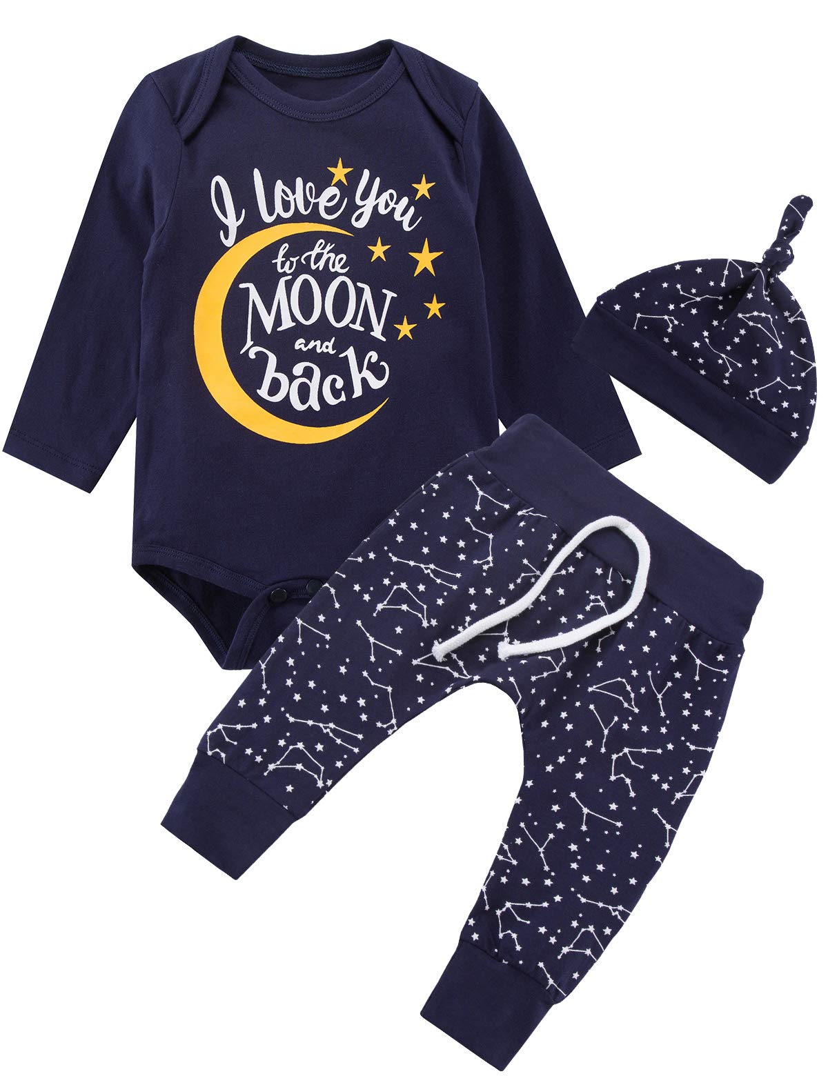 Baby Boys 3PCS Space Outfit Newborn Love You to The Moon and Back Starry Sky Long Sleeve Pant Set (Blue04 0-3 Months)
