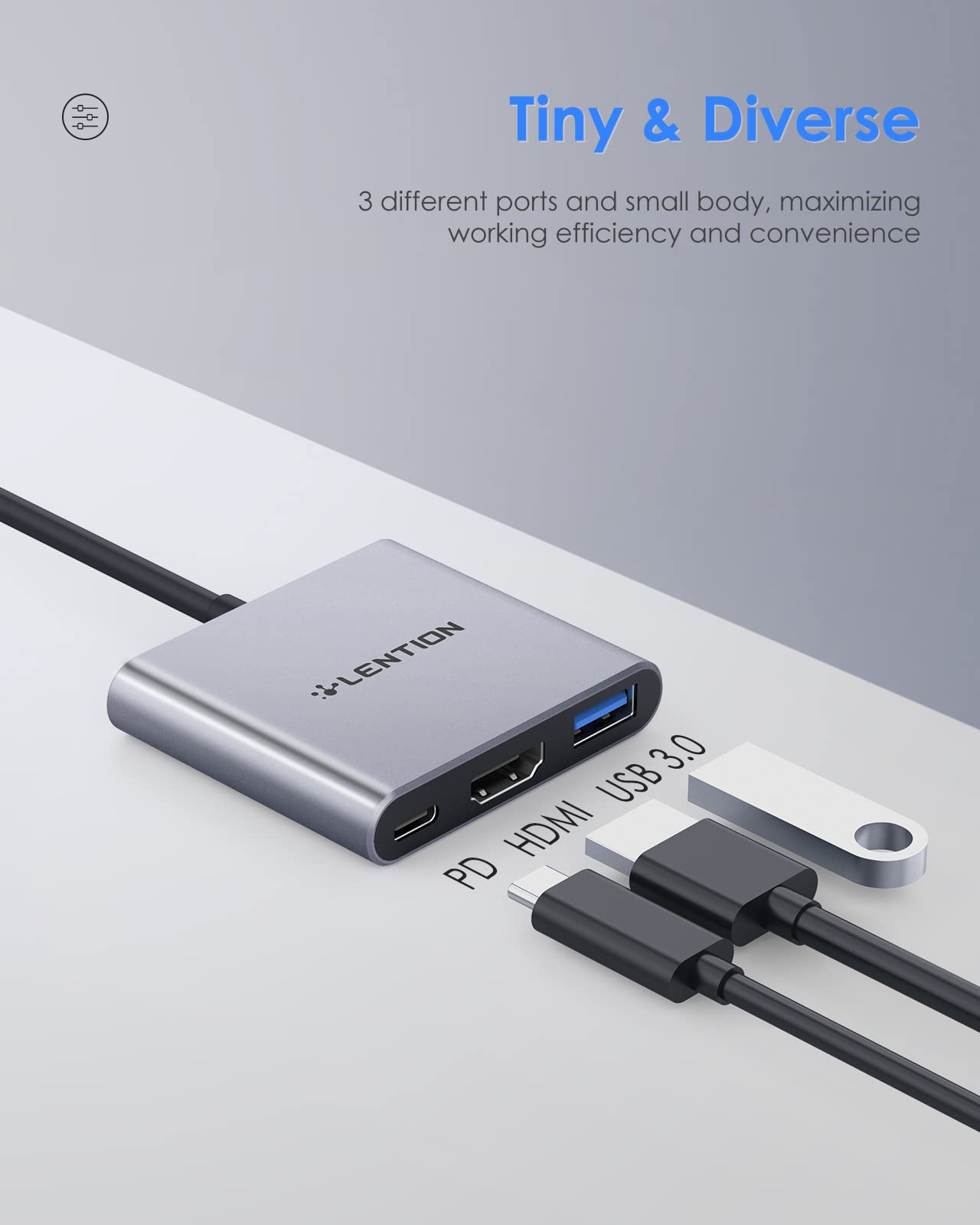LENTION 3-in-1 USB C Hub with 100W Power Delivery, USB 3.0 & 4K HDMI for 2023-2016 MacBook Pro, New Mac Air/Surface/Chrome/Steam Deck, More, Stable Driver Adapter (CB-C14, Space Gray)