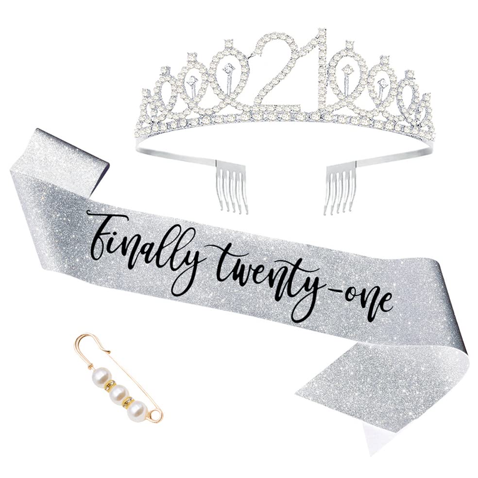 21st Birthday Sash and Tiara, Finally 21 Birthday Rhinestone Tiara Set for Girls Party Supplies, Birthday Tiara Crowns for Women Girls Gift (Silver)