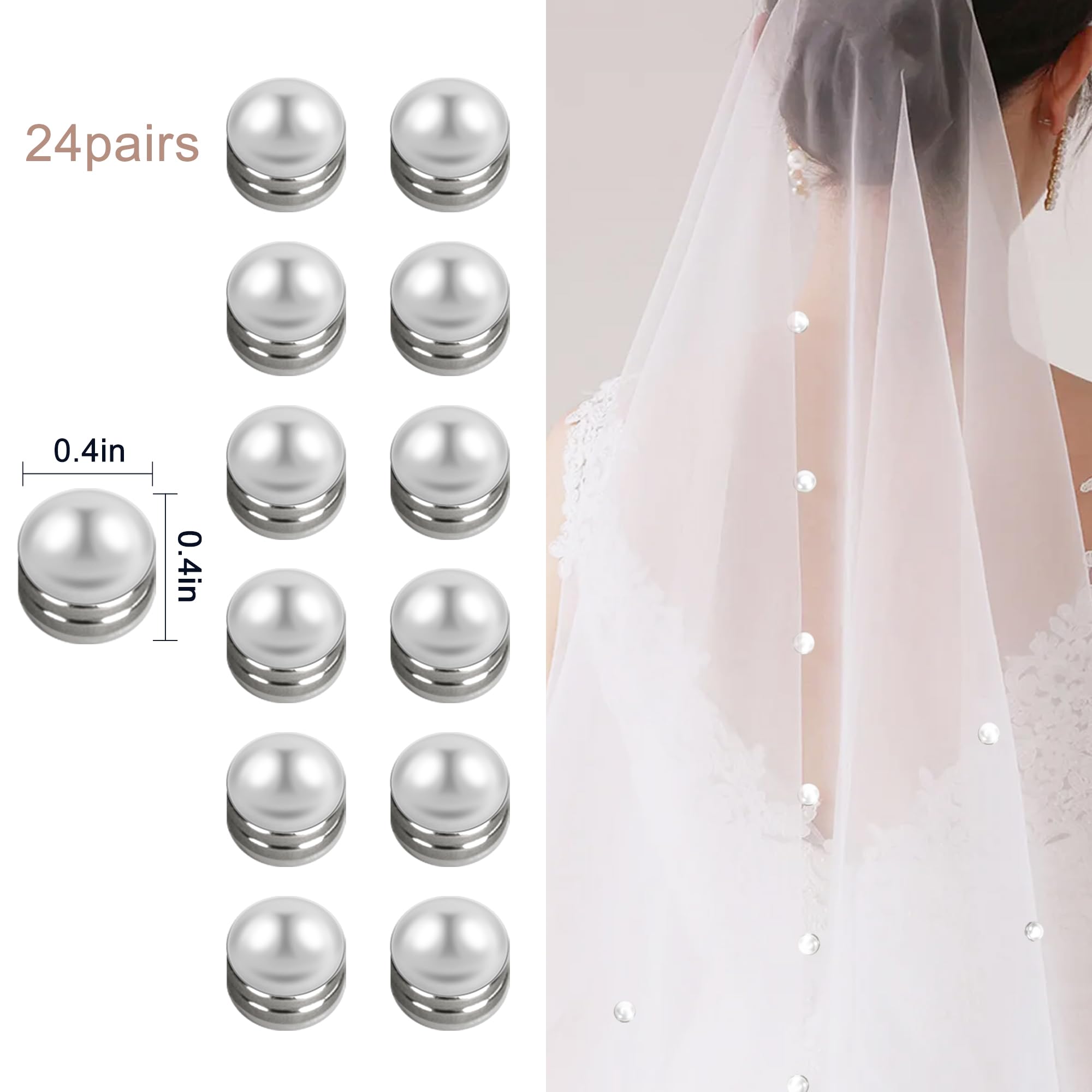 24 Sets Wedding Veil Weights Magnetic Pearls- 0.4 Inch Bridal Veil Weights Magnetic Double-sided Artificial Pearls for Wedding Bridal Decoration