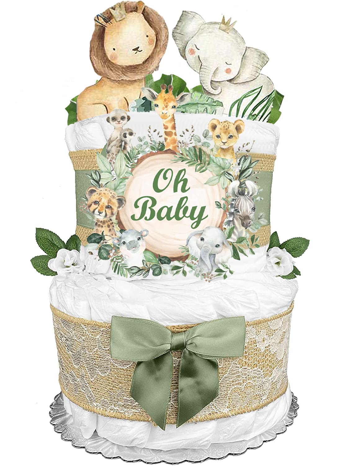 Safari Diaper Cake - Gender Neutral Baby Gift - Medium 2-Tier - Burlap and Sage Green