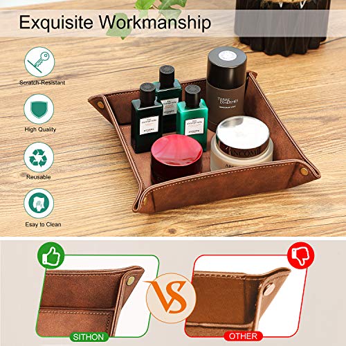 SITHON Valet Tray Desktop Storage Organizer β Premium PU Leather Catchall Tray Bedside Vanity Tray Nightstand Caddy Holder for Remote Controller, Keys, Phone, Wallet, Coin, Jewelry, Brown