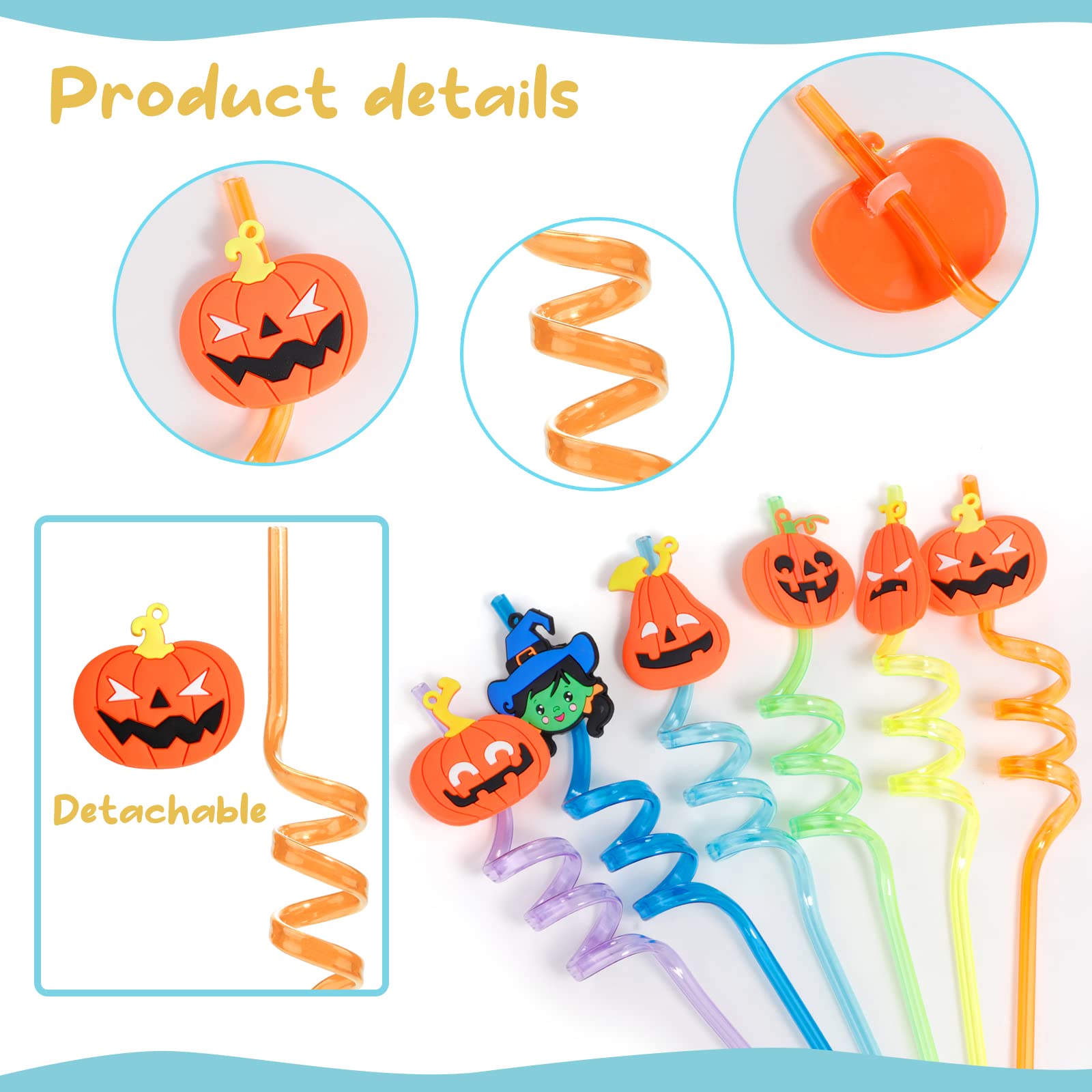 24 Pack of Cocktail Stirrers Curved Straws, Clear Reusable Pumpkin Witch Spider Pattern Drinking Straws for Halloween Party Decoration Supplies Birthday Party Favors, 8 Styles