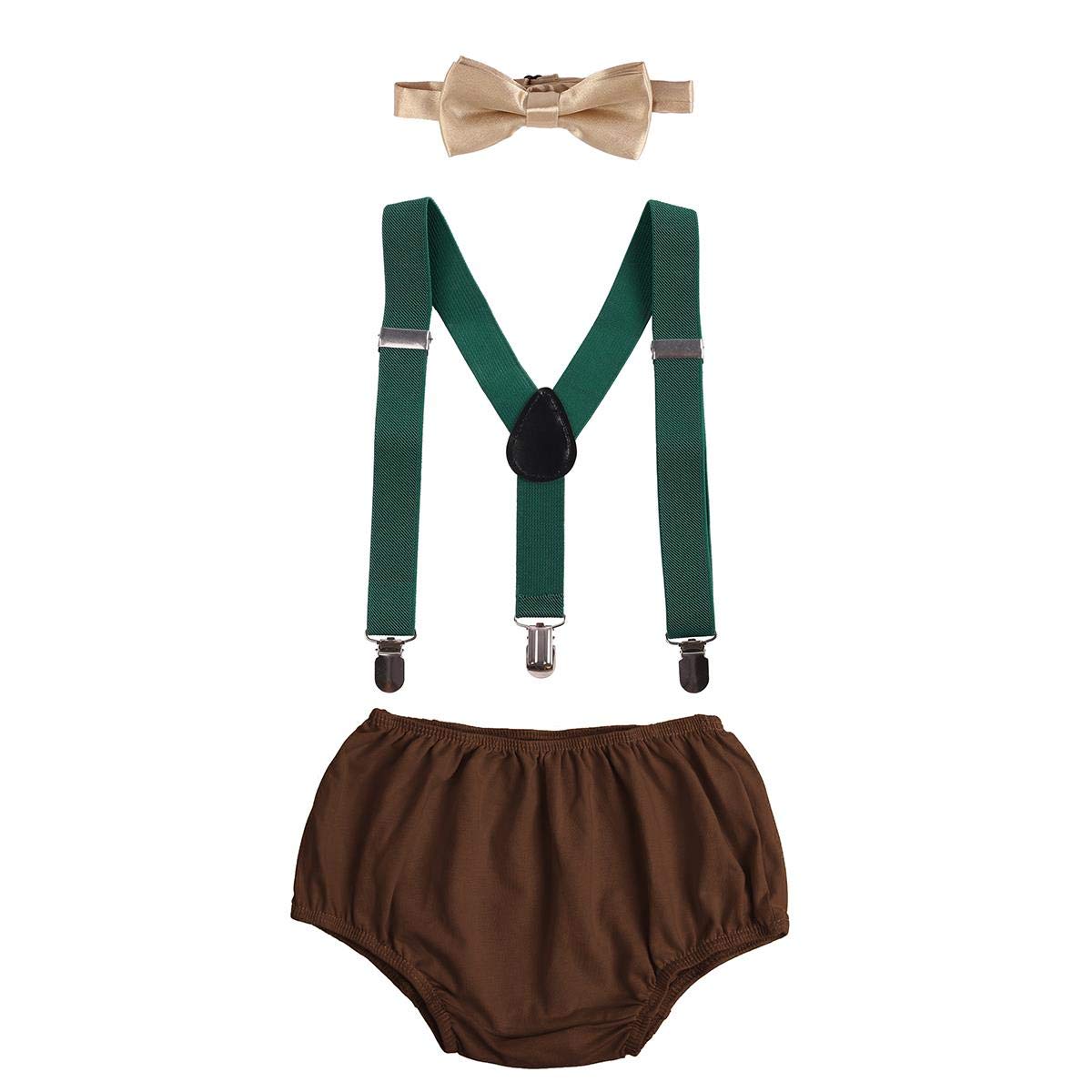 Newborn Baby Boy First 1st Birthday Cake Smash Outfit One Year Old Birthday Party Bow Tie Bloomers Y Back Adjustable Strap Suspender Shorts Diaper Cover Playwear Clothes for Photo Shoot Beige+Brown