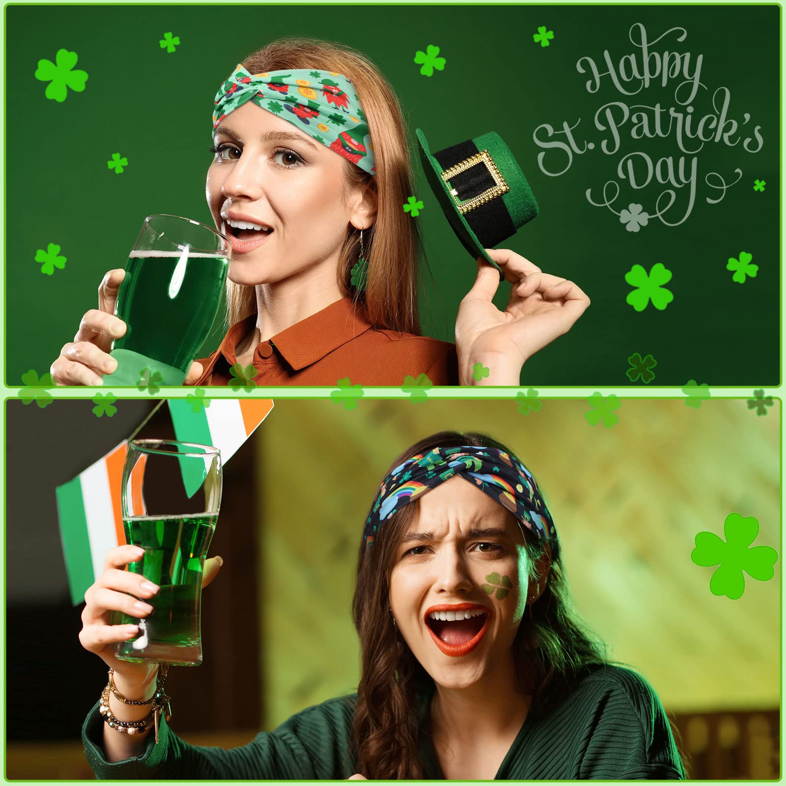 20 Pcs St. Patrick's Day Headbands Elastic Non Slip Hair Accessories Bulk Shamrock Pattern St. Patrick's Day Hairband for Women Girl