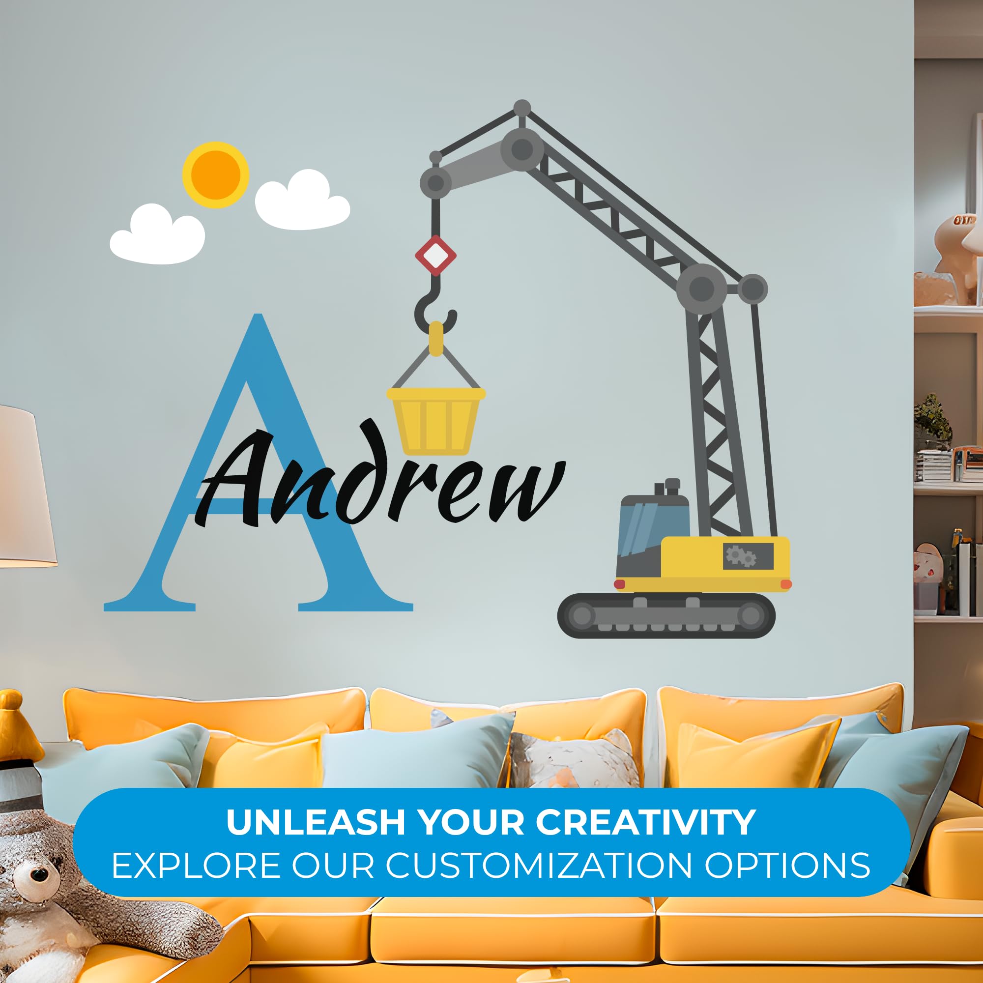 Custom Toddler Construction Crane Wall Decal I Personalized Name Decals for Walls I Nursery Wall Decal for Toddler Room Decorations I Crane Baby Sticker for Bedroom W22 x18 H (Small)