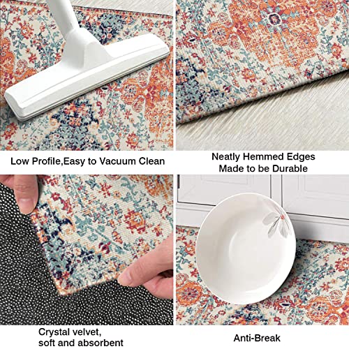 Boho Style Kitchen Rugs and mats Set of 2,Farmhouse Kitchen Mat for Sink,Non Slip Absorbent Stain Resistant Floor Mat for Kitchen Laundry Room Rug Area Runner Rug Orange