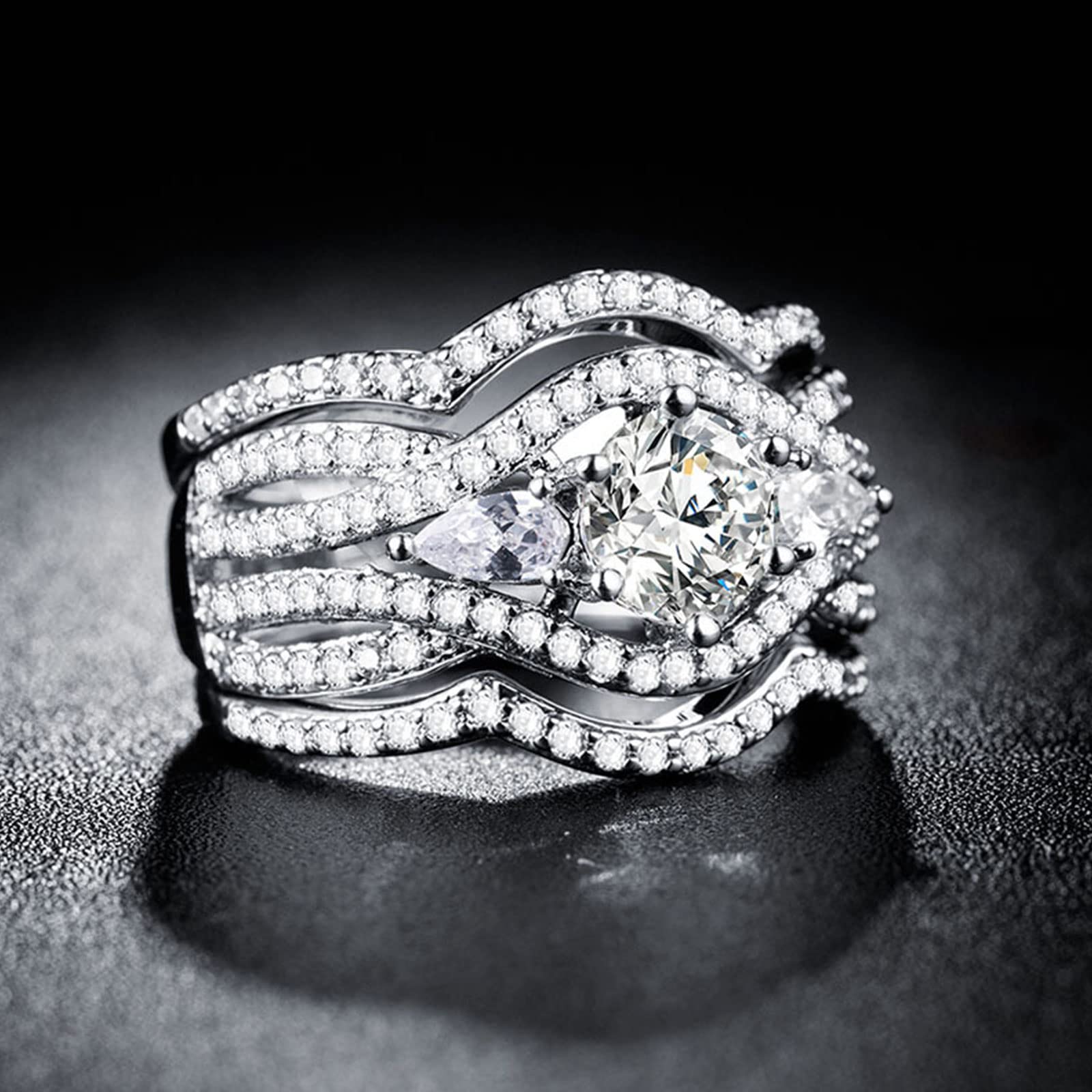 3.4Ct Bridal Wedding Ring Set for Women 14k White Gold Three Stones Engagement Rings Cz Two Bands Promise Size 6