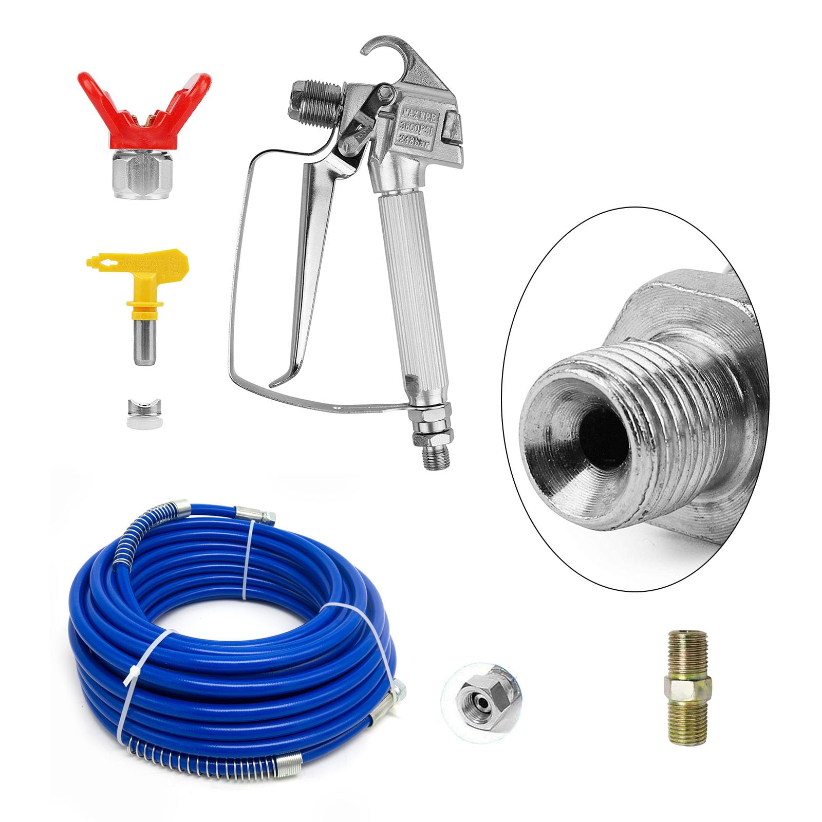 65ft Hose Kit & Airless Spray Gun with 8” Extension Pole, Including Tip Guard and 517 Tip, 3600 PSI Max x 1/4" Airless Paint Spray Hose ,Blue Color (20 Meter)