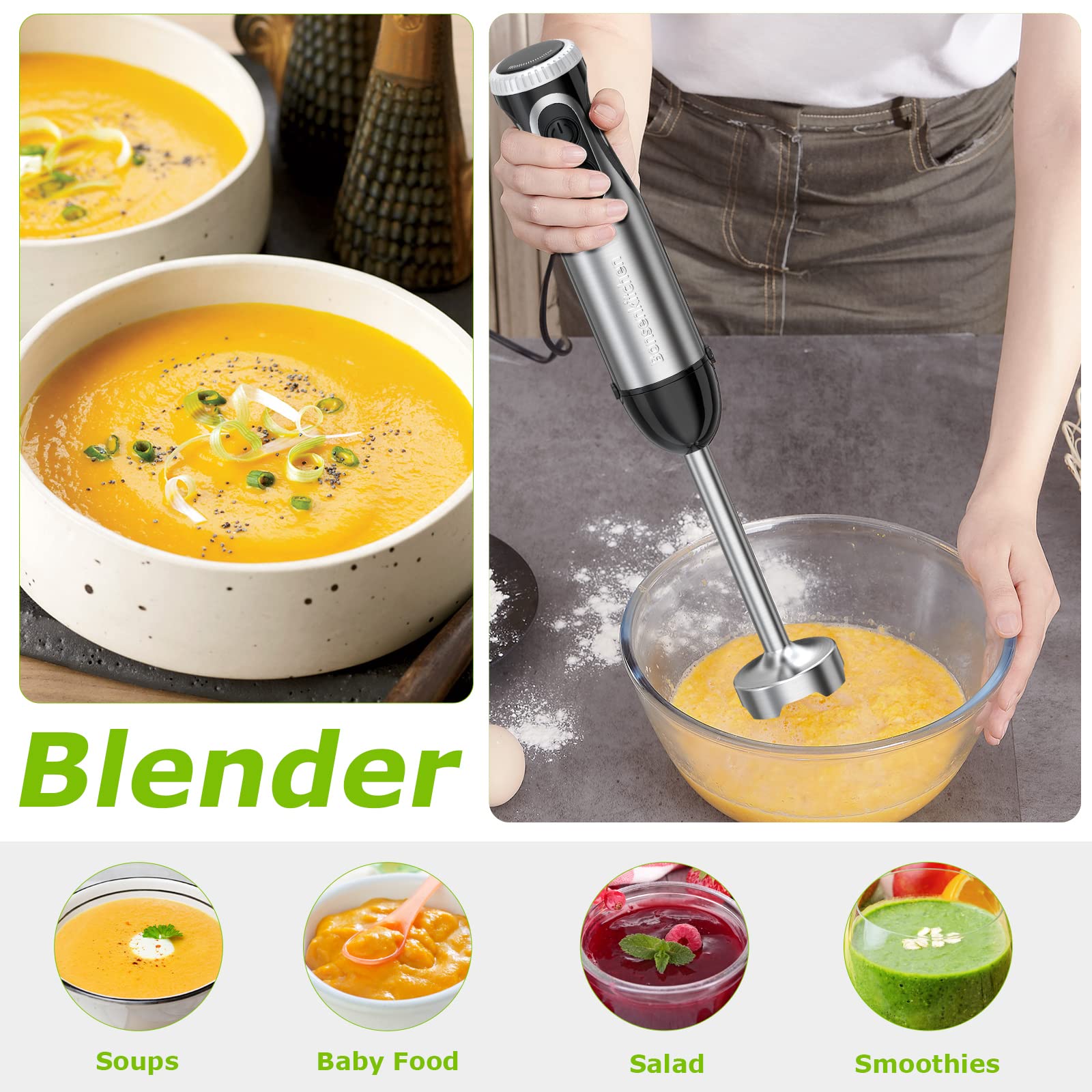 20-Speed Immersion Hand Blender with Whisk for Smoothies Puree Baby Food, and Milk Frother Handheld for Coffee-Bundle