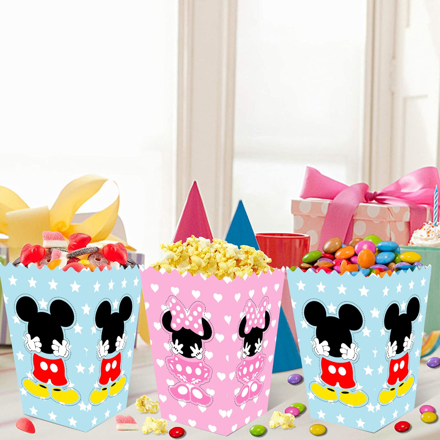24 Packs Micky Minnie Mouse Party Popcorn Boxes, Baby Shower Party Cookie Boxes for Kids Micky Minnie Themed Party, Birthday Treats Boxes