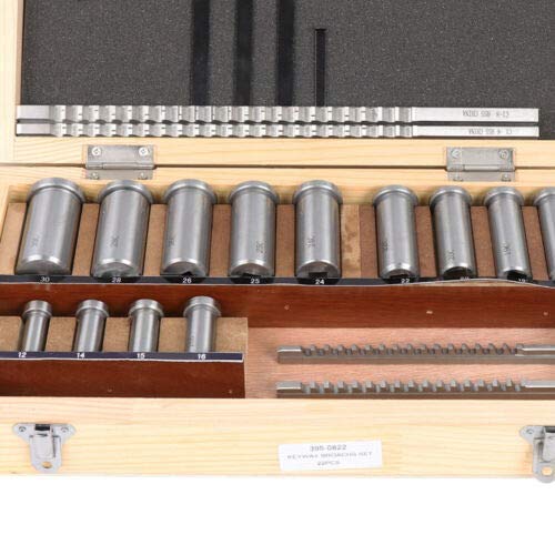 22 Pcs Keyway Broach Kit Collared Bushing Shim Sets in Fitted Box, Metric Size 4 pcs Broach & 13 Collared Bushing & 5 Gaskets, High Speed Steel Material Metalworking Industrial Tools