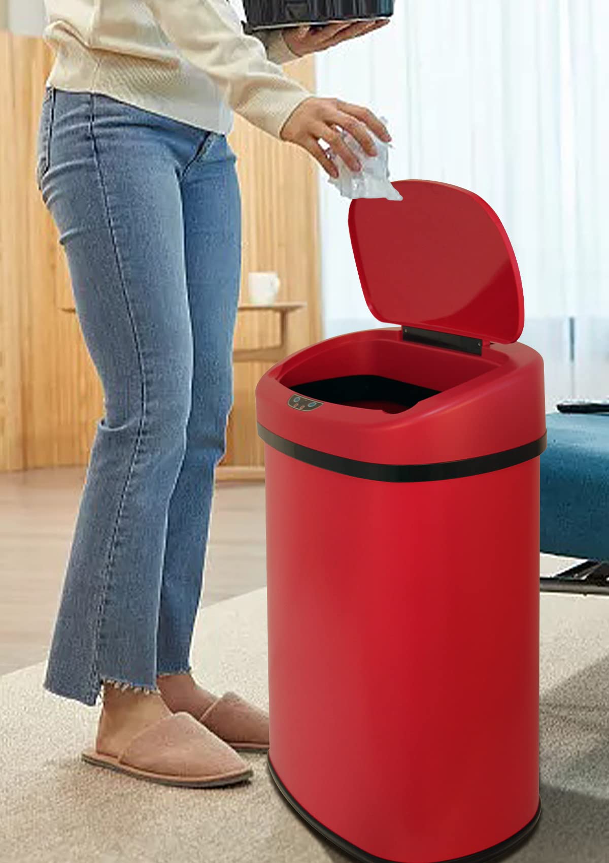 50 Liter Kitchen Trash Can with Lid Garbage Can 13 Gallon Tall Kitchen Automatic Trash Can Motion Sensor Trash Can, Stainless Steel Garbage Can Trash Bin Anti-Fingerprint, Soft-Close Lid (Red)