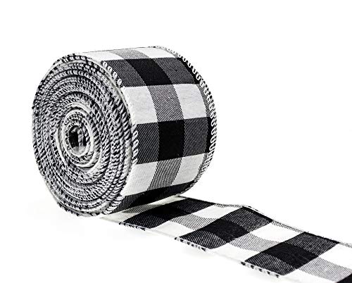ATRBB White and Black Buffalo Plaid Ribbon Wired Edge Gingham Ribbon for Christmas Decoration and Bows Craft,10 Yards by 2.48 Inches (Style 1)