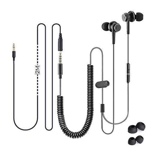 Avantree Long Cord Earbuds for TV & PC, 18ft / 5.5m Extension Cable Earphones with Mic & Extra Long Spring Coil Wire, Metal Stereo in-Ear Wired Bass Headphones for 3.5mm Audio Output Devices - HF027