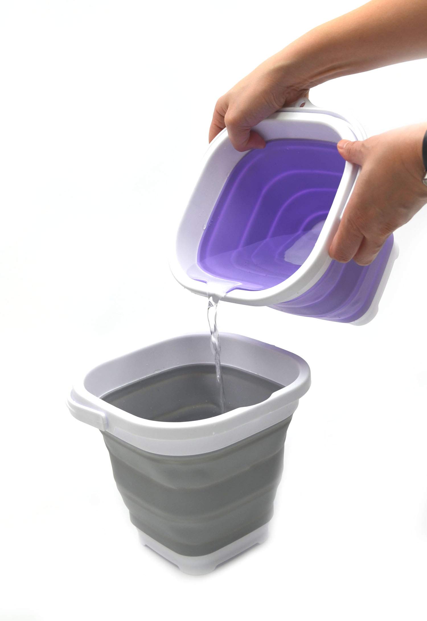SAMMART 2.6L (0.68 Gallon) Super Mini Square Collapsible Plastic Bucket - Foldable Square Tub - Portable Fishing Water Pail - 2 Pieces Box Pack (Grey + Purple)