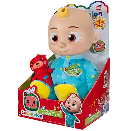 CoComelon Official Musical Bedtime JJ Doll, Soft Plush Body – Press Tummy and JJ sings clips from ‘Yes, Yes, Bedtime Song,’ – Includes Feature Plush and Small Pillow Plush Teddy Bear – Toys for Babies