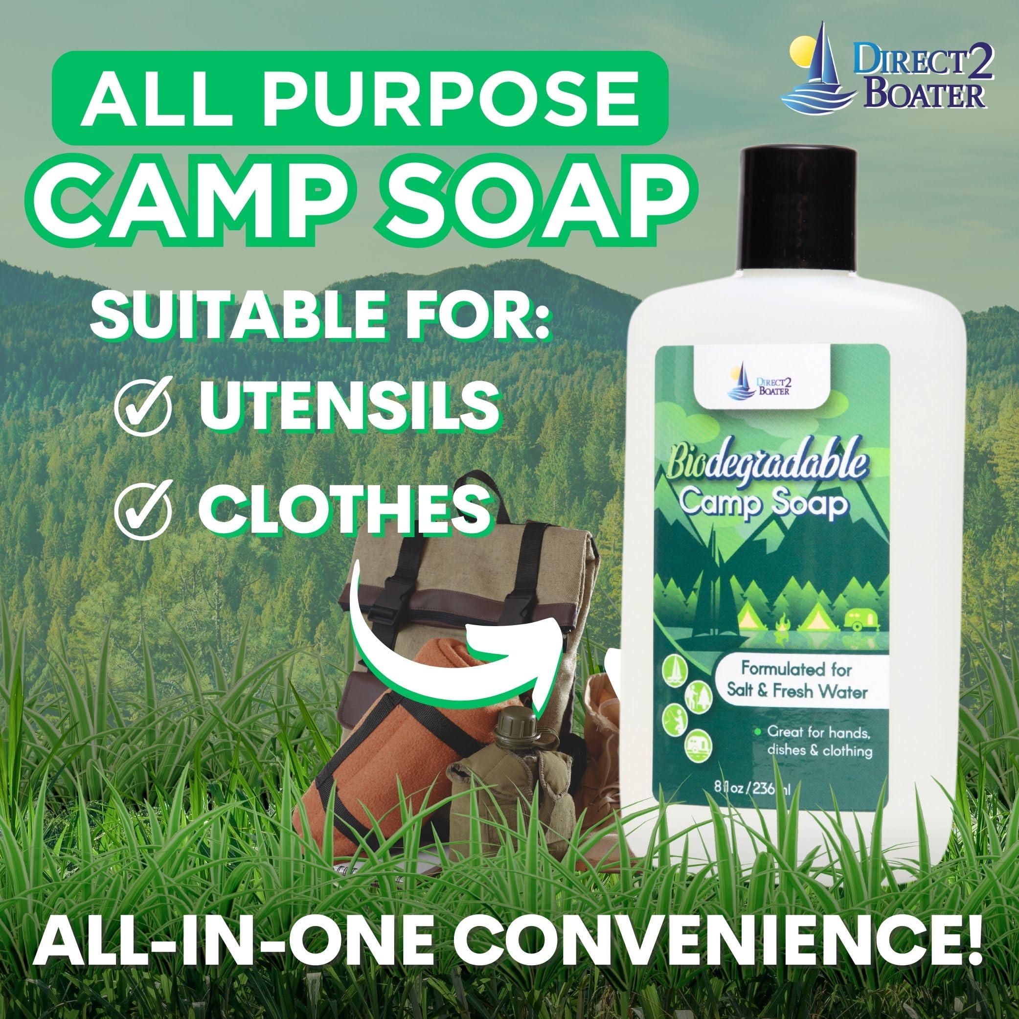 Biodegradable Camping Soap - 8 Ounce Unscented All Purpose Camping Soap Containing No Dyes or Fragrances - Formulated Camping Hand Soap and Backpack Soap - Camp Wash and Outdoor Soap for RVs and Camps