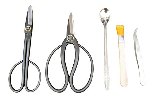 2Piece Forged Bonsai Shear Set, Bonsai Tools Incl. Stainless Steel Spoon, Tweezer, Dust Brush as Bonus, Professional Bonsai Trimming Shears 2-Pack