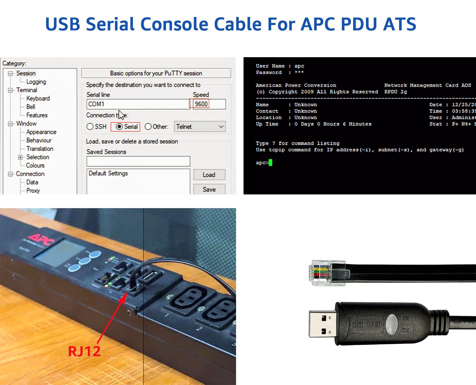 DSD TECH SH-RJ12A USB to RJ12 6P4C Serial Cable for APC PDU ATS(5.9FT/1.8M)