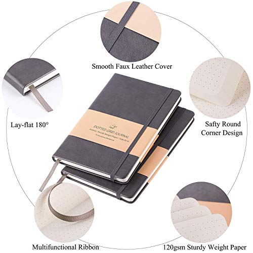 Dotted Grid Notebook/Journal - Dot Grid Hard Cover Notebook, Premium Thick Paper with Fine Inner Pocket, Dark Gray Smooth Faux Leather, 5''×8.25''