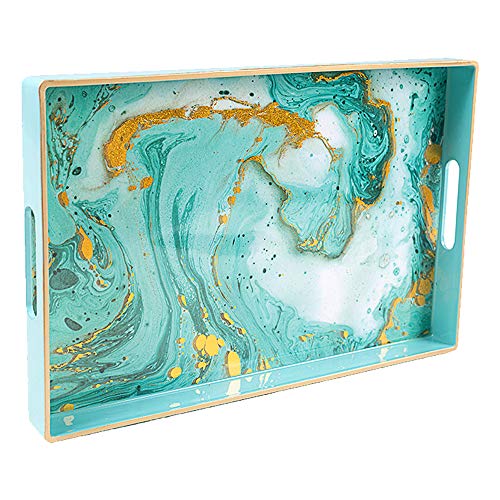 MAONAME Turquoise Serving Tray with Handles, Plastic Decorative Tray for Coffee Table, Marbling Rectangular Tray for Bathroom, Ottoman, Storage, 15.7" Lx 10.2" W X 1.57" H