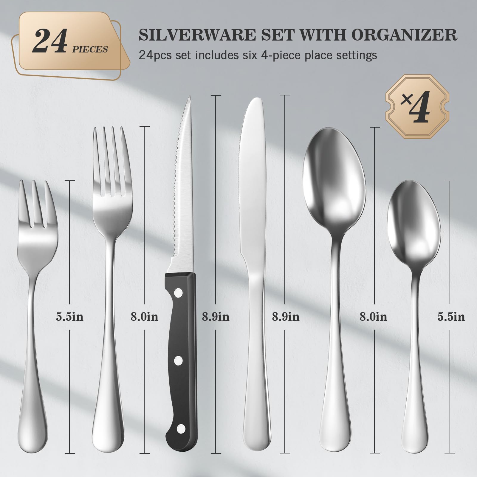 24-Piece Silverware Set with Organizer,Heavy Duty Stainless Steel Flatware Cutlery Tableware Set for 4,Includes 6-Compartment Silverware Tray with Cutlery Icons,Silverware Set with Steak Knives