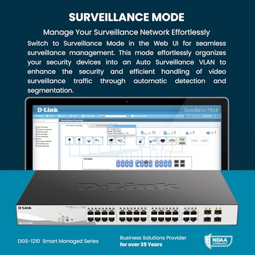 D-Link 10-Port Gigabit Smart Managed PoE+ Switch | 8 PoE+ Ports (130W) + 2 SFP Ports | L2+ | VLANs | Web Managed | Surveillance Mode | Desktop or Rackmount | Fanless | NDAA Compliant (DGS-1210-10MP)