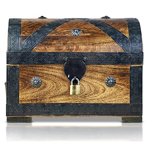 Brynnberg | Pirate Wooden Treasure Chest Box - Pirat M 9.5''x6.3''x5.3'' - Durable Wooden Treasure Chest with Lock - Decorative Wood Storage Box - Vintage Wood Chest