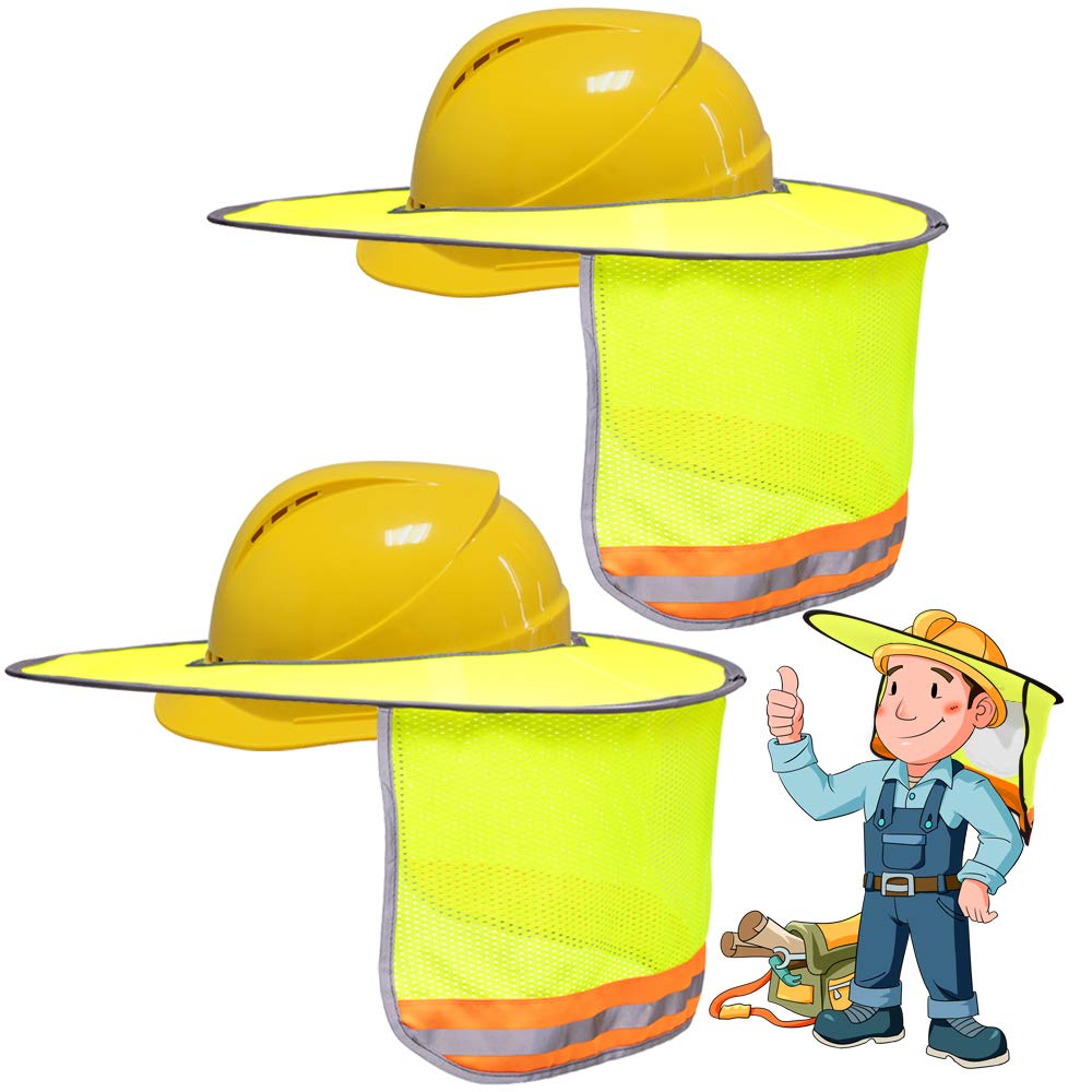 2 Pack Hard Hat Sun Shade, Llamaababie Full Brim Mesh Neck Shield for Construction Helmets, Sun Visor with High Visibility & Reflective Strip (Hard Hat Not Included) (Yellow 2PC)