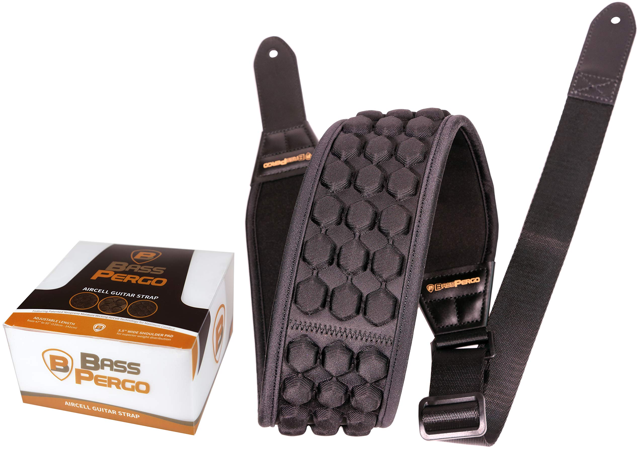 Bass Pergo AirCell Guitar Strap for Electric Guitar, Bass & Acoustic with 3.5" Wide Neoprene Pad w/ 4 Straps Locks, Adjustable Length from 47" to 55.", Black β Soft & Durable