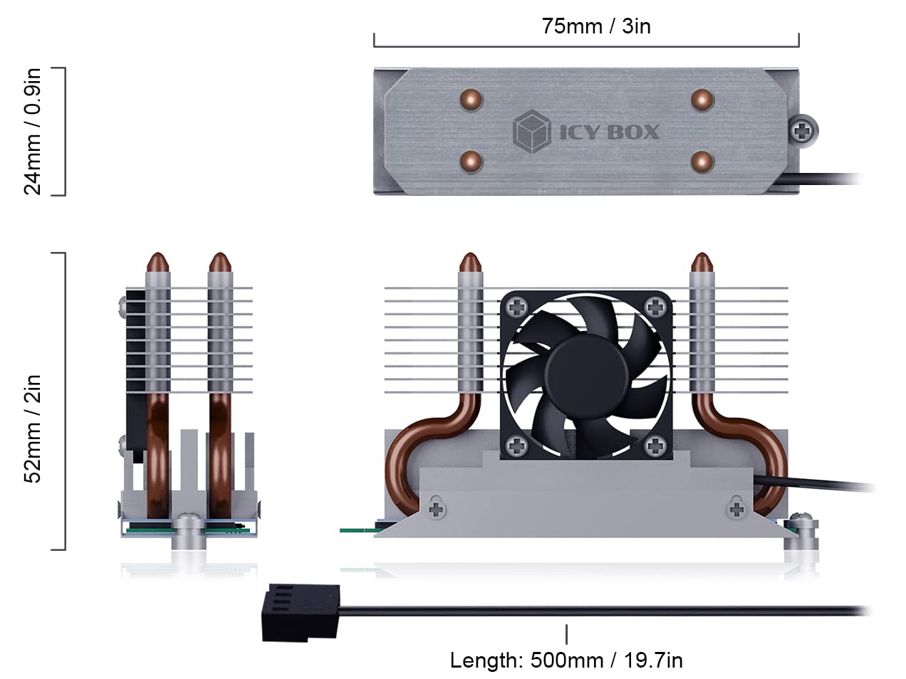 ICY BOX Aluminum Alloy Heatsink with Fan for The Most Heat Dissipation with Silicone Thermal Pad Designed Specially for M.2 SSD 2280 DIY Desktop PC SSD Black