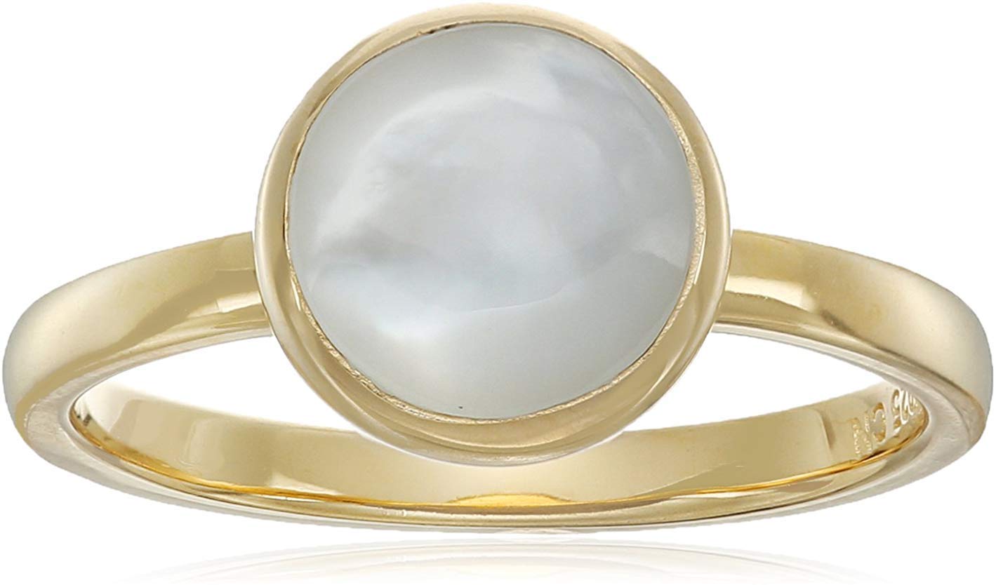 18k Yellow Gold Plated Sterling Silver Genuine Mother of Pearl 8mm Ring, Size 6