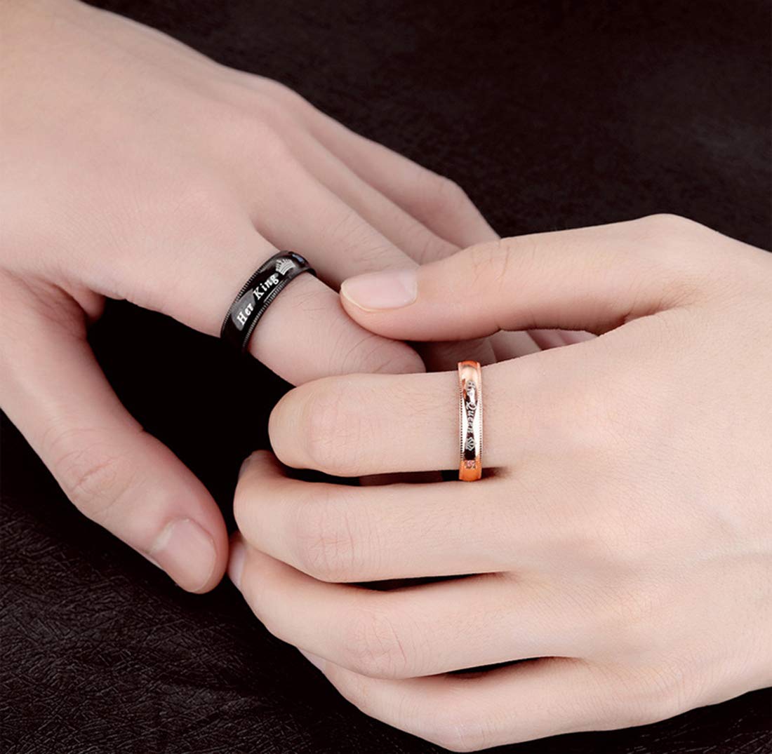 2pcs Matching Set Couple Rings Stainless Steel Promise Rings with His Queen and Her King Wedding Engagement Band