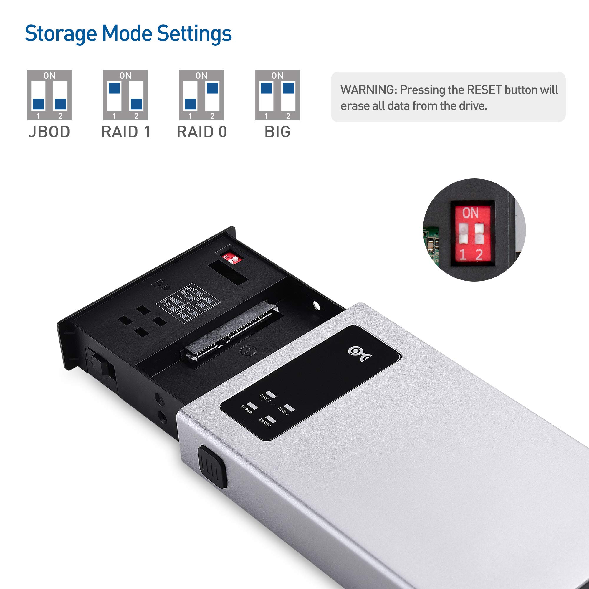Cable Matters 10Gbps Aluminum Dual Bay 2.5 Inch External SSD Enclosure (USB C Enclosure) with USB-C and USB-A Cables Supporting RAID 1 and RAID 0 - Thunderbolt 4 / USB4 / Thunderbolt 3 Port Compatible