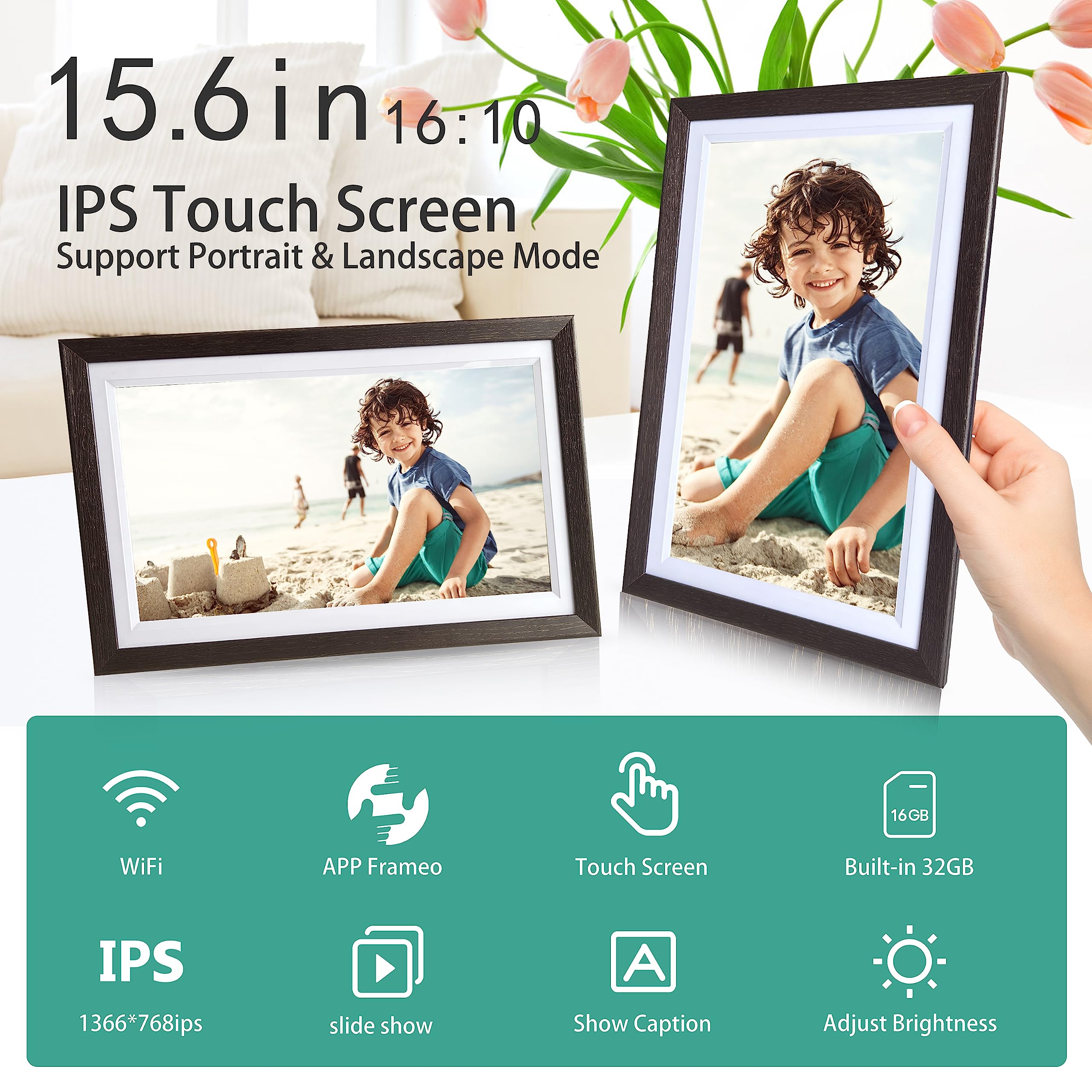 15.6 inch WiFi Digital Picture Frame 32GB Large Storage Digital Photo Frame, IPS HD 1080P Touch Screen Smart Photo Frame, Auto-Rotate, Wall Mountable, Easy Setup to Share Photos/Videos via Frameo APP