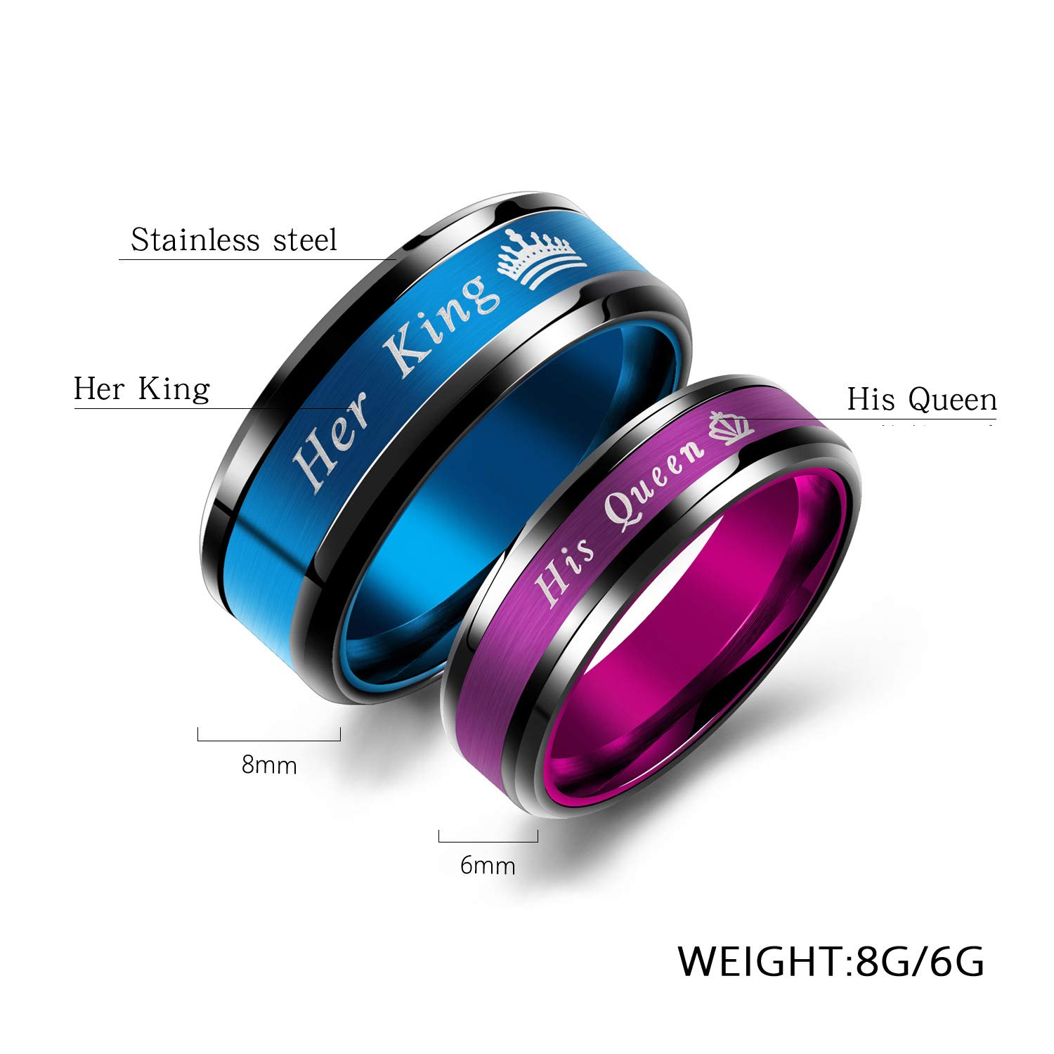 2pcs Matching Set Couple Rings Stainless Steel Promise Rings with His Queen and Her King Wedding Engagement Band