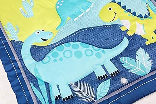 HUPO 4 PC Dinosaur Crib Bedding Sets for Baby Boys,Yellow/Navy Blue Nursery Crib Set Including Crib Skirt/Crib Quilt/2 Crib Sheet