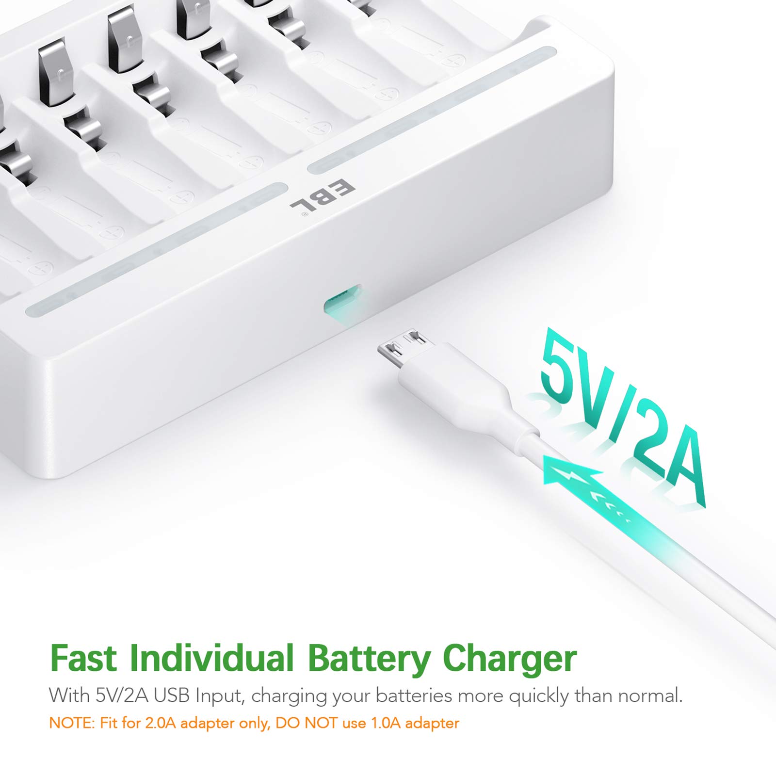 EBL Rechargeable AAA Batteries 1100mAh (8 Counts) and 8 Slot AA AAA Independent Rechargeable Battery Charger with 5V 2A USB Fast Charging Function